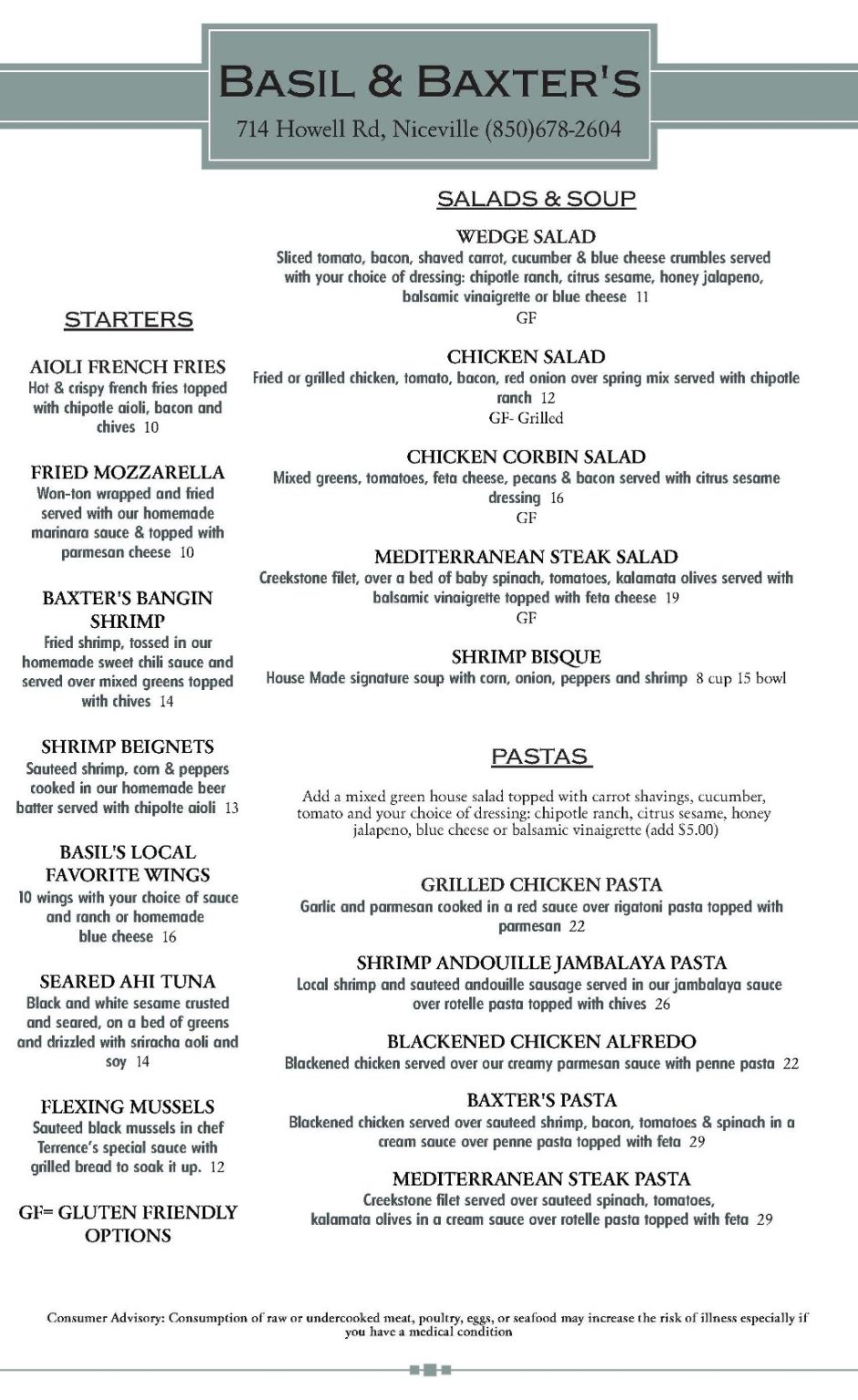 Dining Menu PDF At Basil & Baxter’s - Basil & Baxter's Resturant